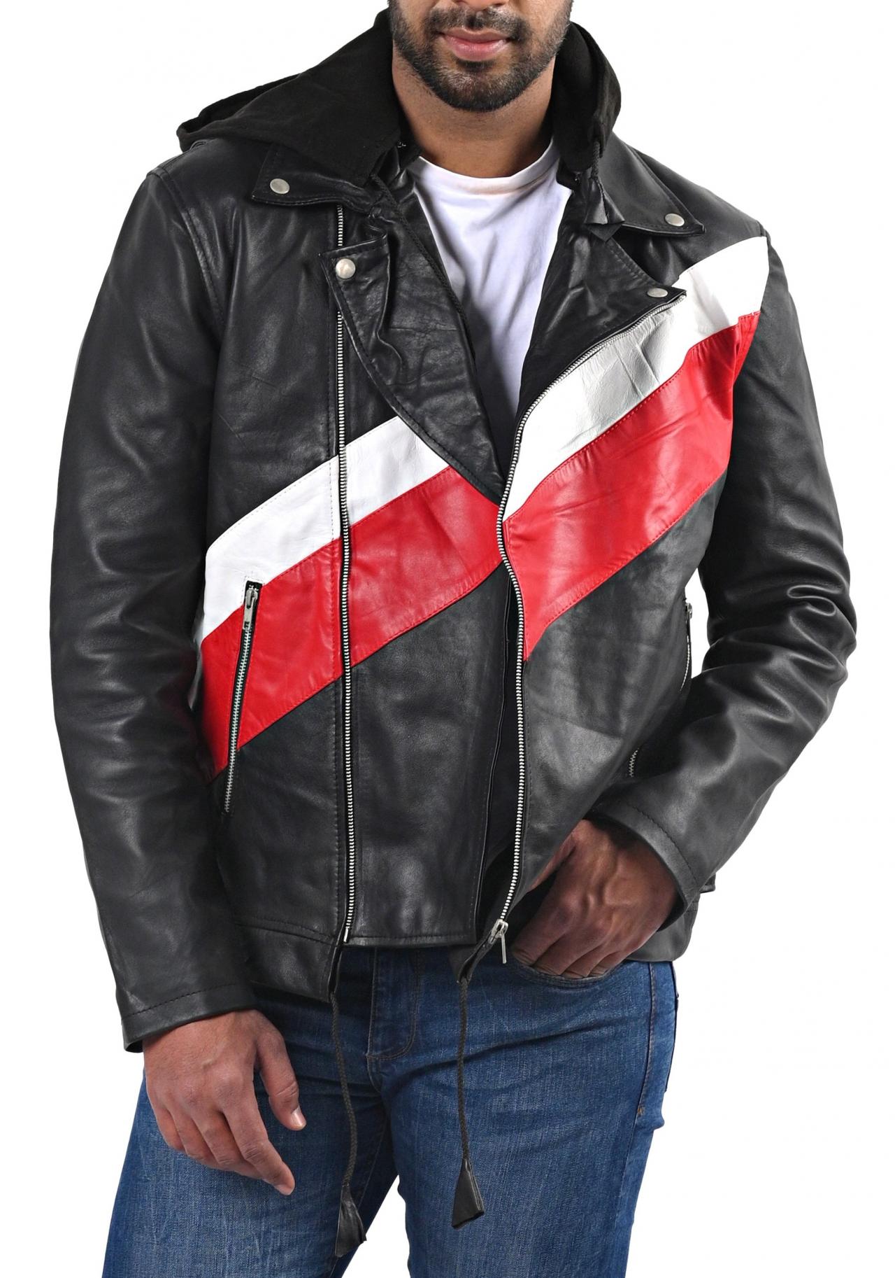 Tna Aj Style Color Striped Biker Black Hooded Motorcycle Leather Jacket ...