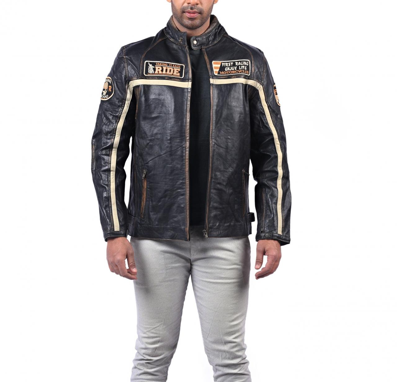 Men Biker Cafe Racer Rider Racing Embroidered Black Real Leather ...