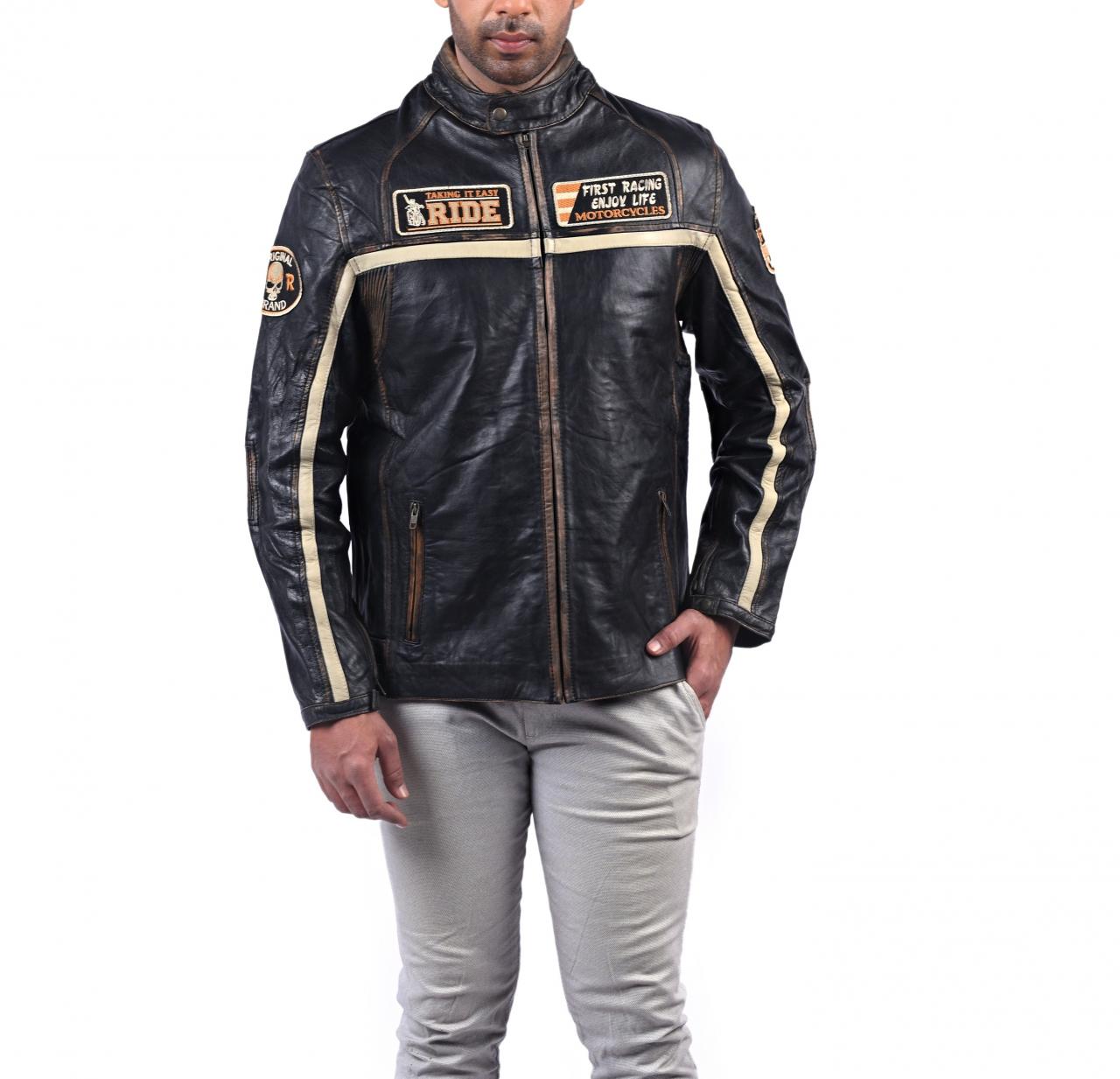 Men Biker Cafe Racer Rider Racing Embroidered Black Faux Leather ...