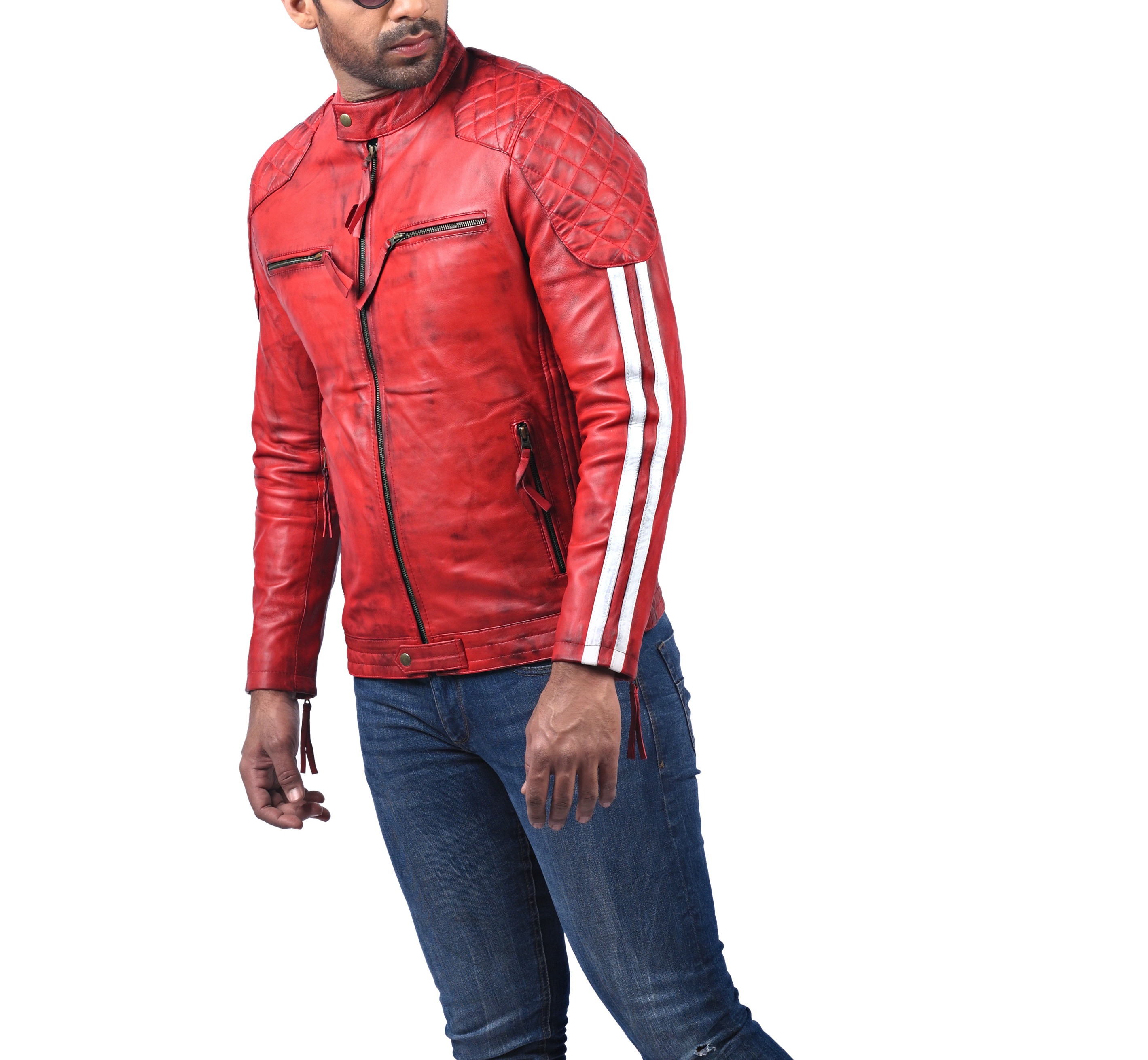 Street Wear Biker Cafe Racer Striped Red Leather Bomber Motorcycle ...
