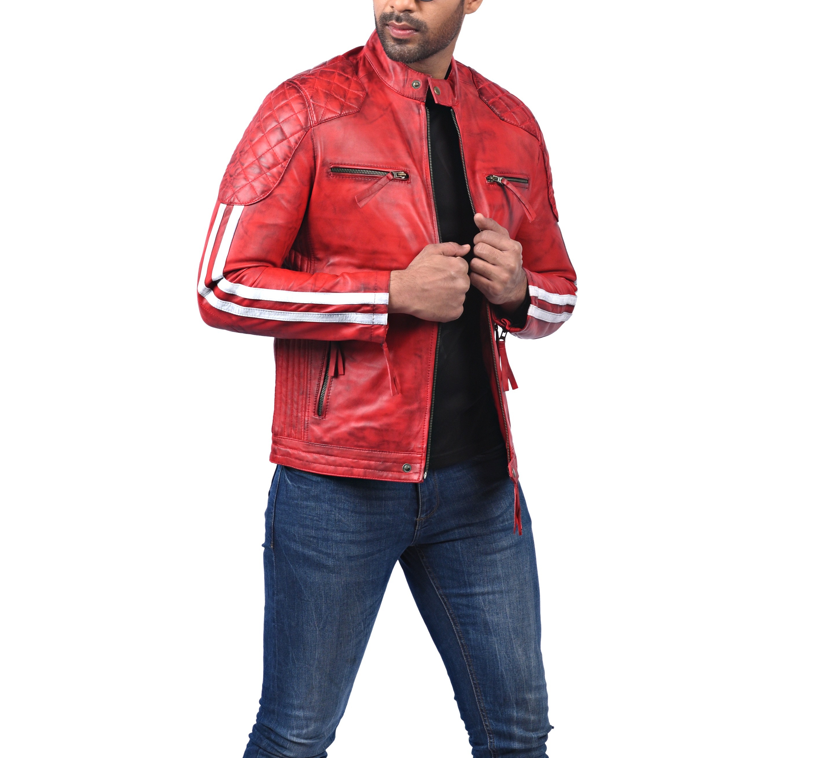 Street Wear Biker Cafe Racer Striped Red Leather Bomber Motorcycle ...