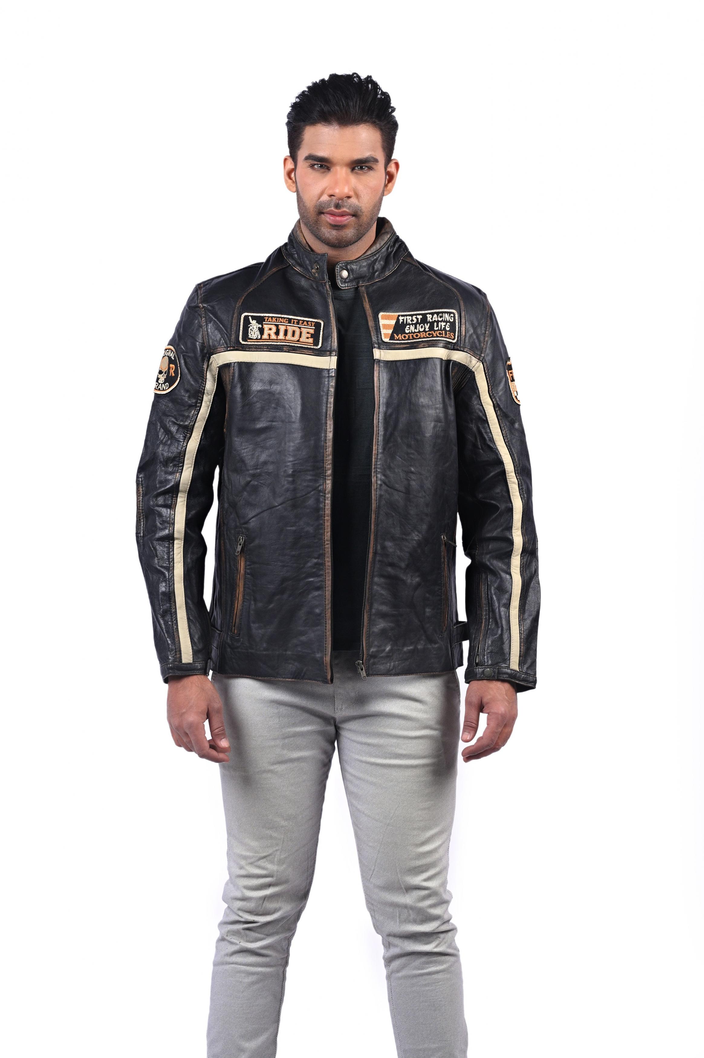 Men Biker Cafe Racer Rider Racing Embroidered Black Real Leather ...