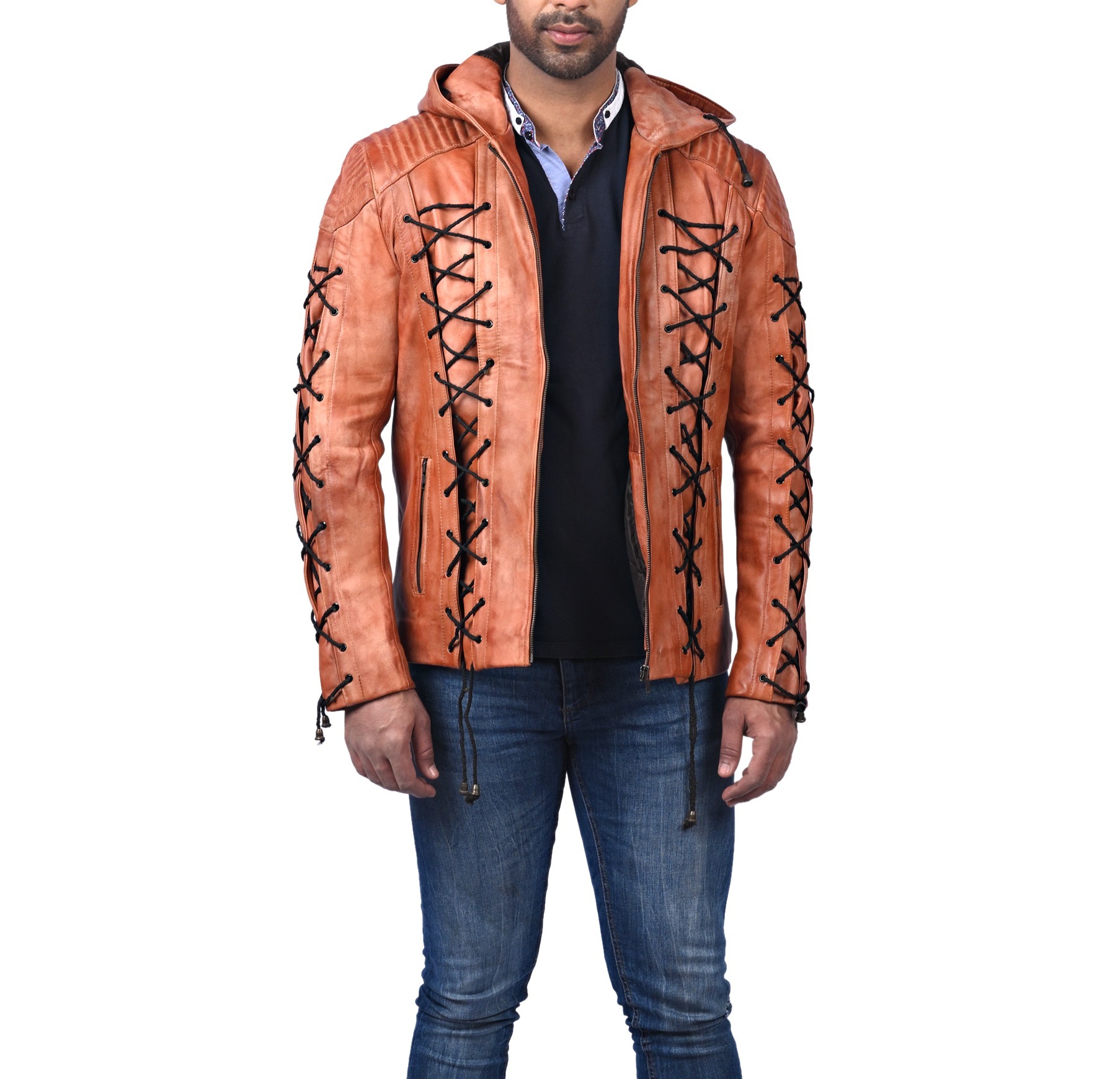 Men Fashion Casual Laced Arrow Inspired Tan Leather Jacket Costume on ...