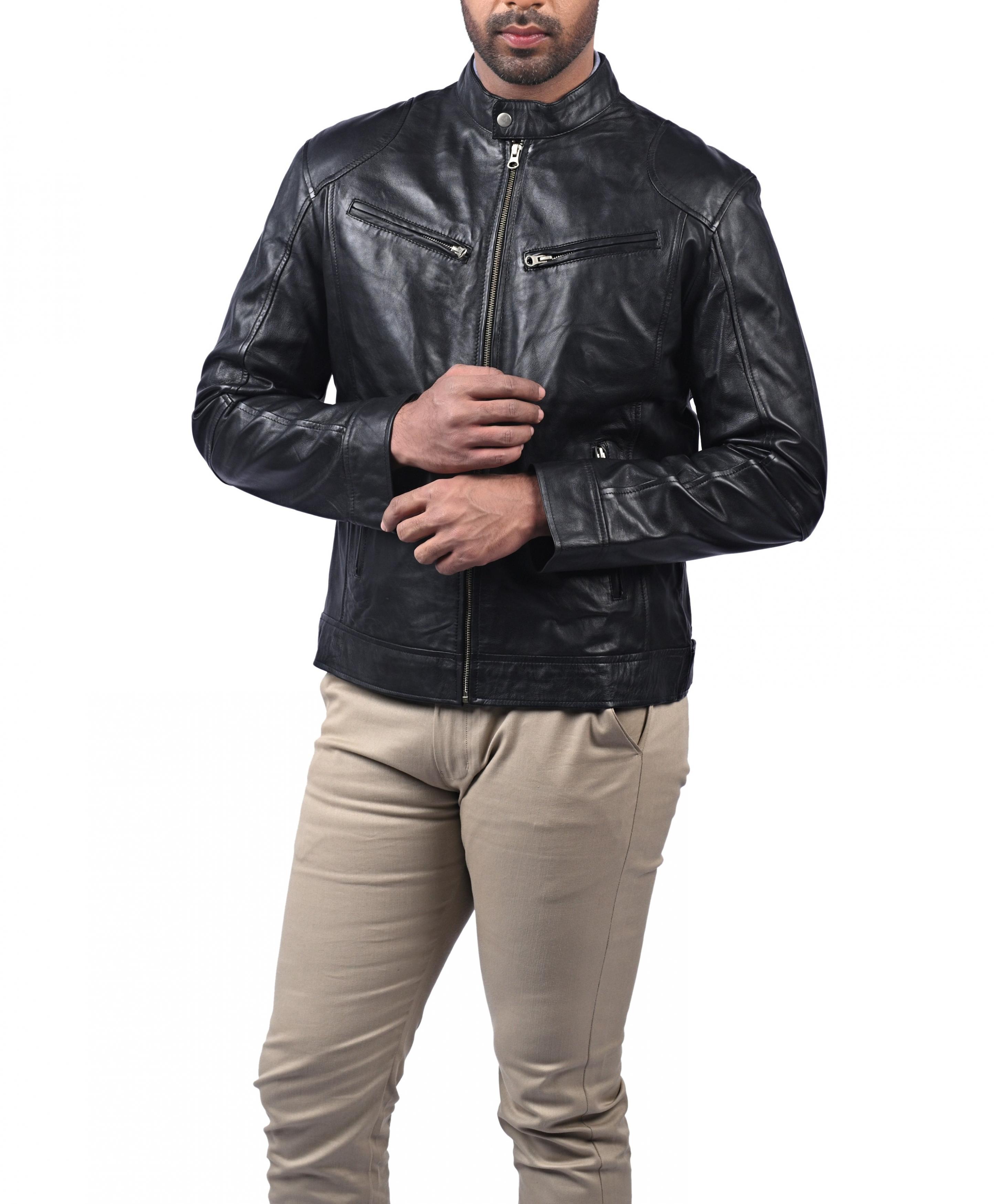 Men Leather Motorcycle Jacket Black Riding Racing Cafe Racer Real Biker ...