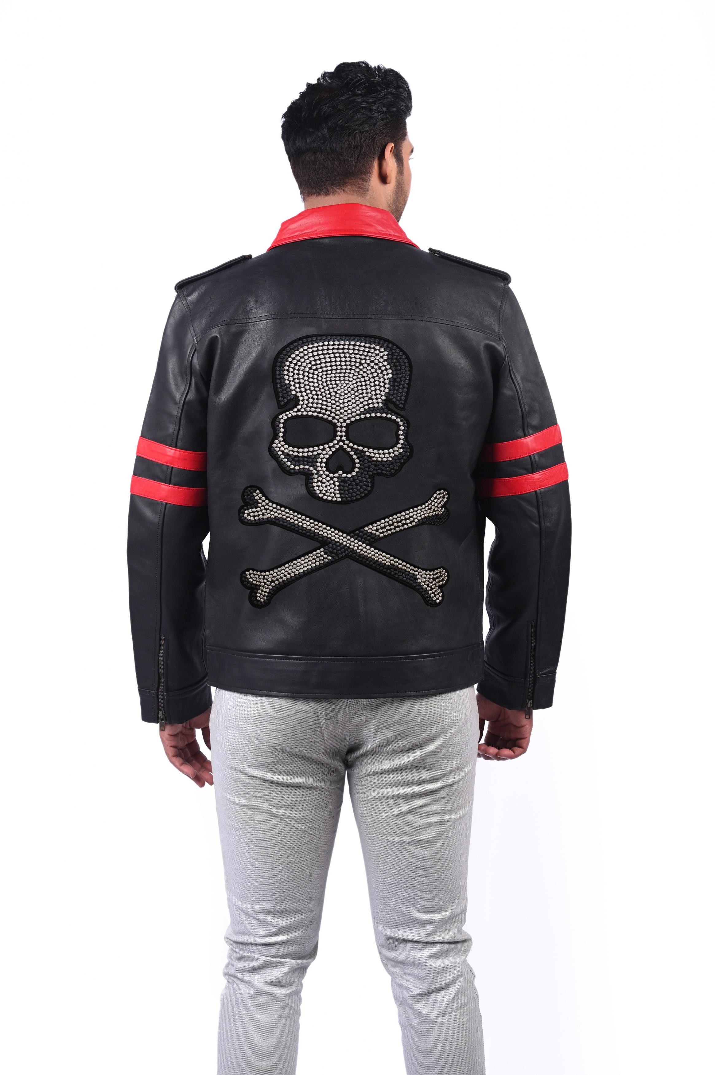 Men Fashion Skull Embroidered Biker Striped Black Real Leather ...